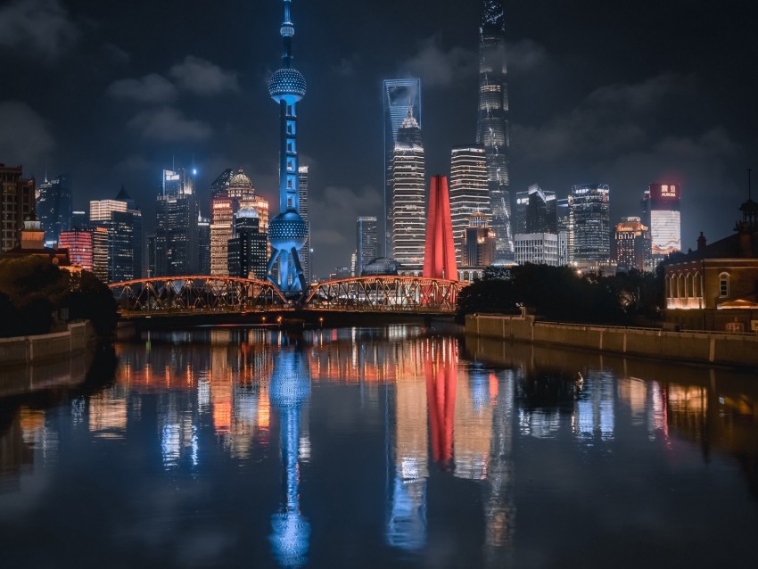 Free Download Hd Png Night City Buildings River Lights Reflection 4k